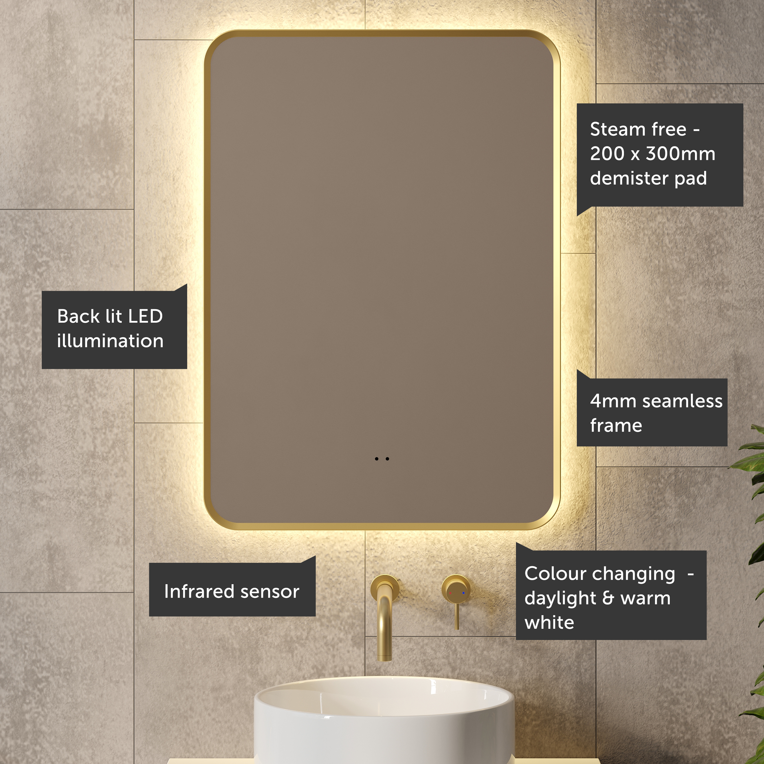 Finn LED Illuminated Framed Mirror with Demister Pad & Colour Change ...