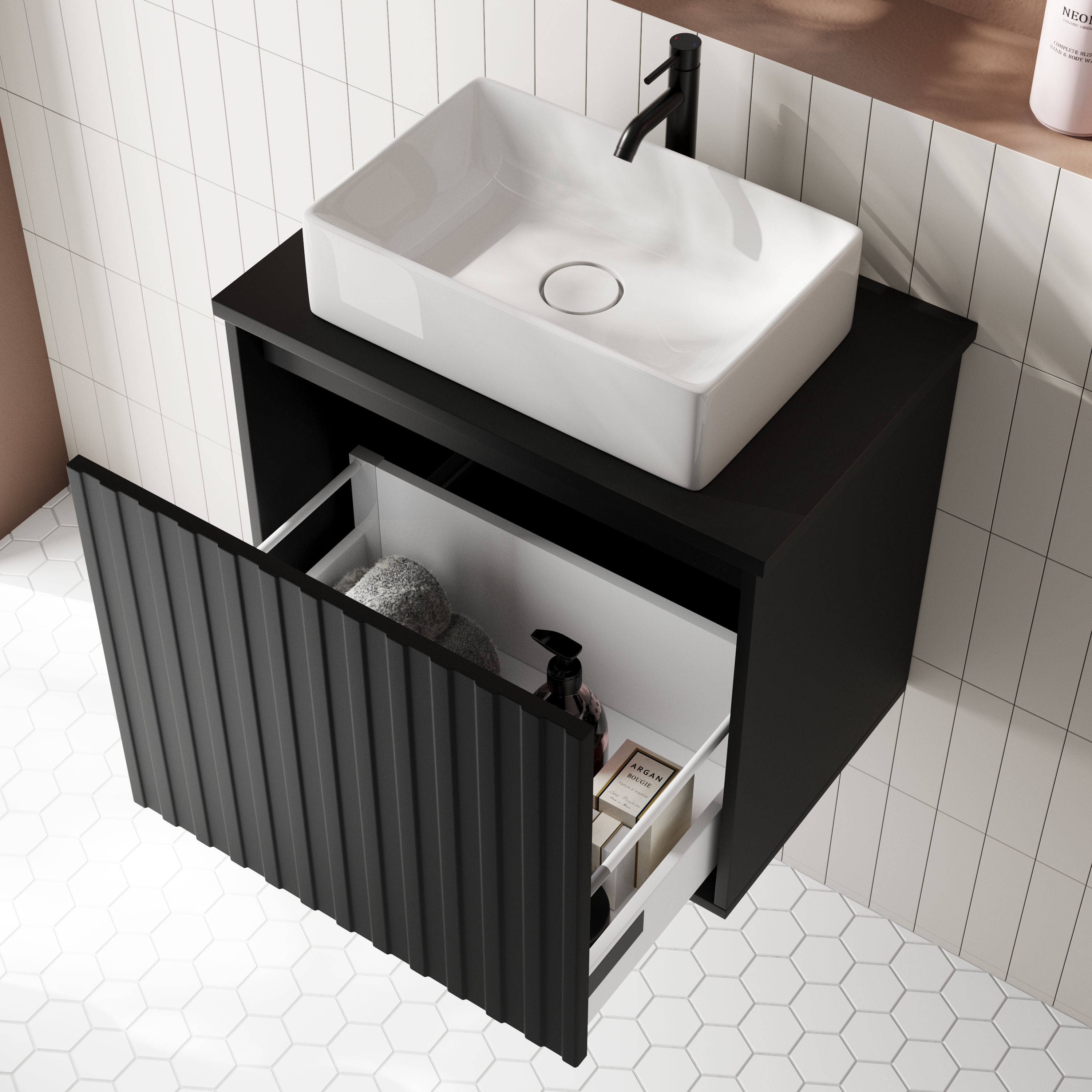 Billy 600mm Wall Hung Vanity Unit with Fluted Drawer Front & Countertop ...