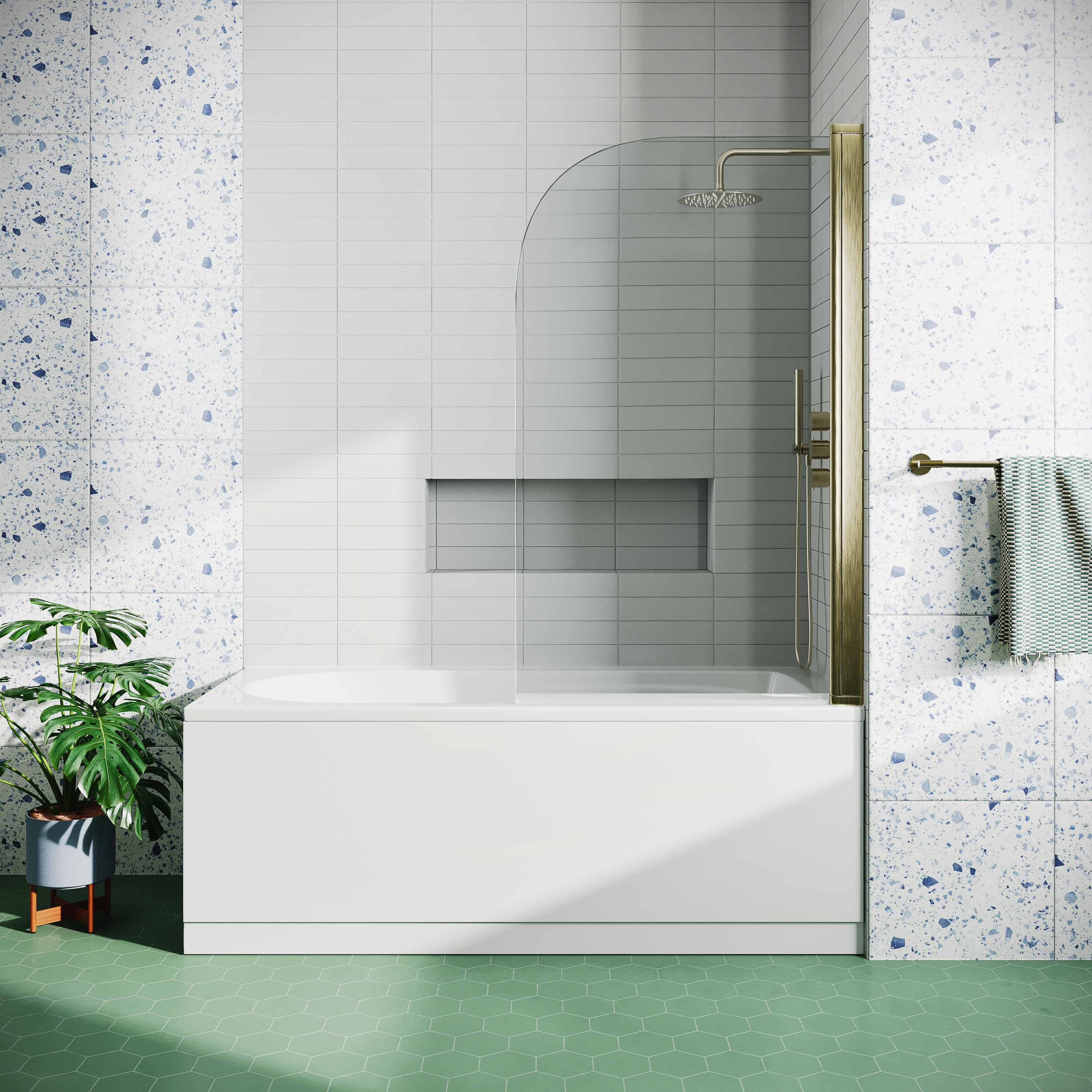Drench Straight Single Ended Curved Bath & Brushed Brass Shower Screen ...