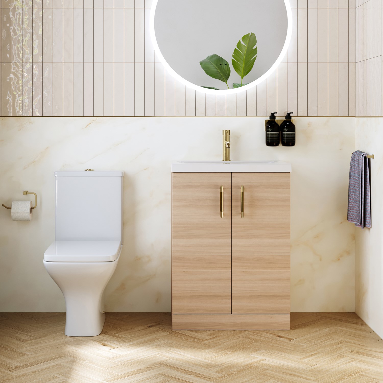 Erin Rimless Toilet & Vanity Unit Bathroom Set with Brushed Brass ...