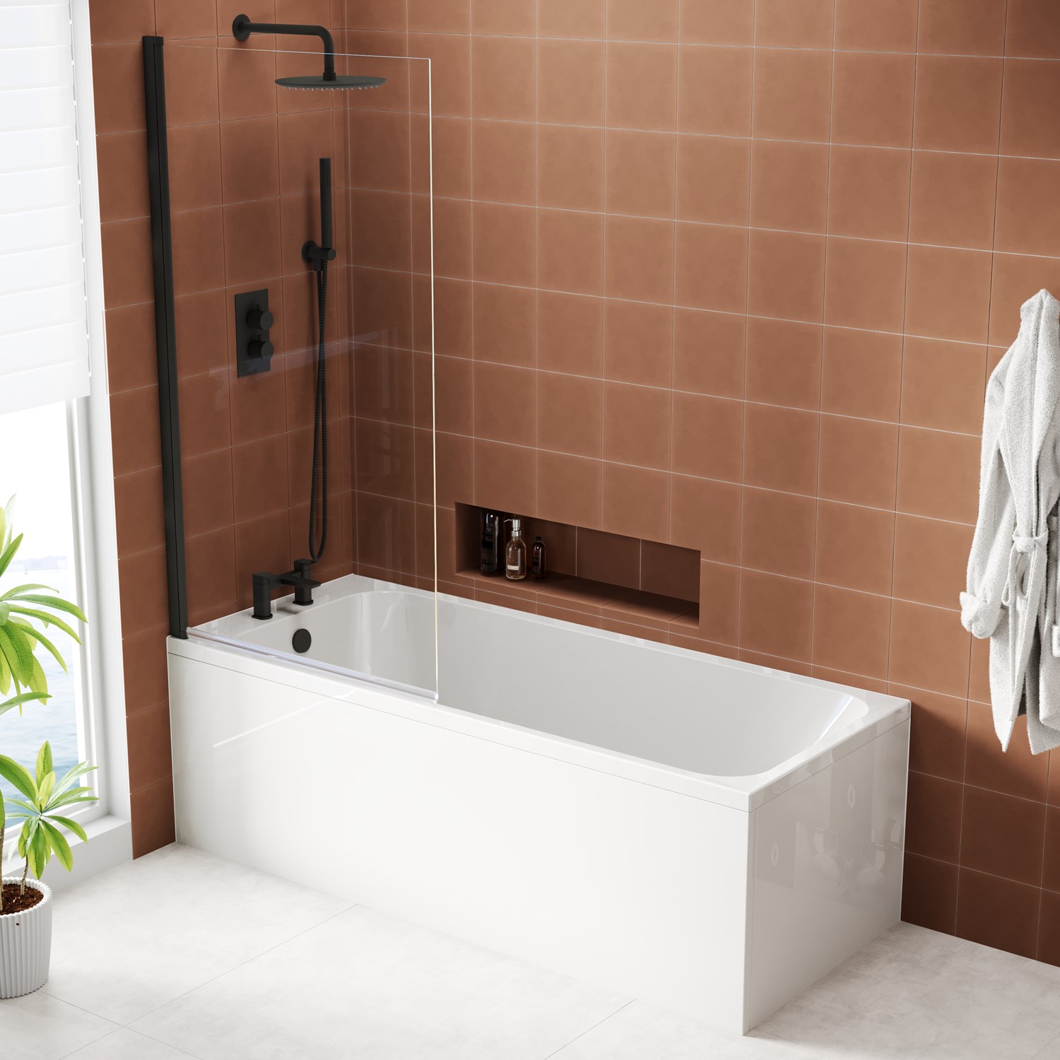 Armourcast Reinforced Slim Edge Single Ended Bath & Matt Black Shower ...