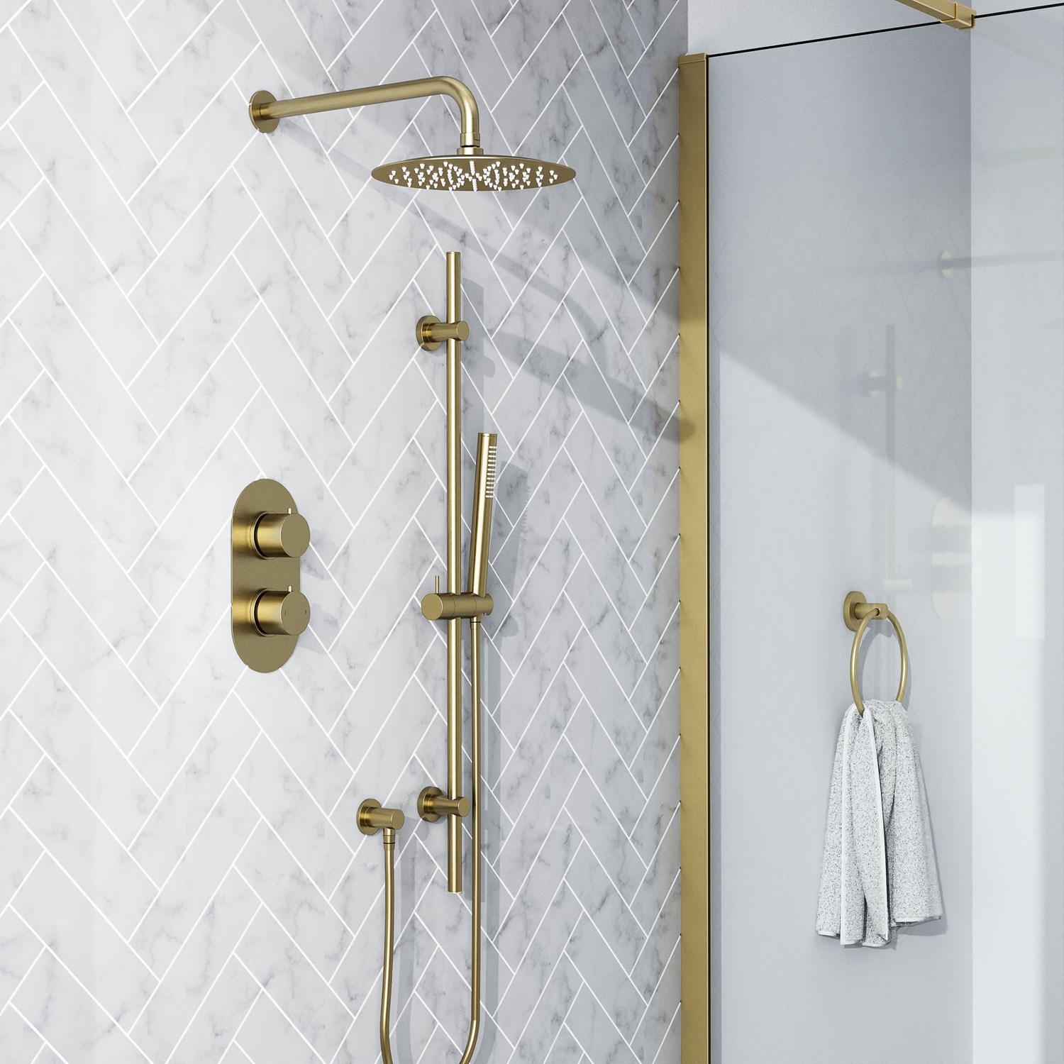 Harbour Clarity Brushed Brass Shower Package with 2 Outlet Valve, Fixed ...
