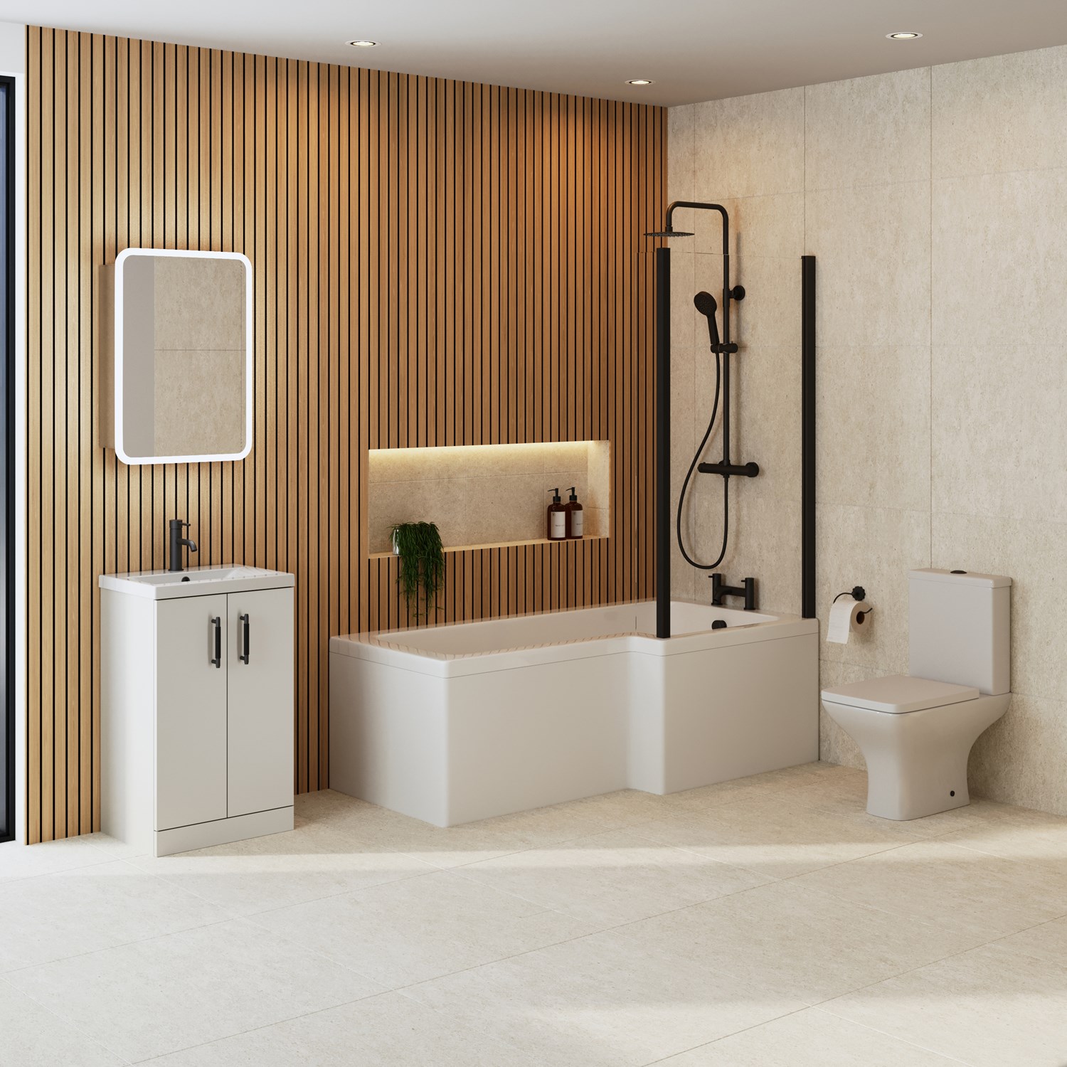 Erin Complete Modern Matt Black Bathroom Suite with 1700mm L Shaped ...