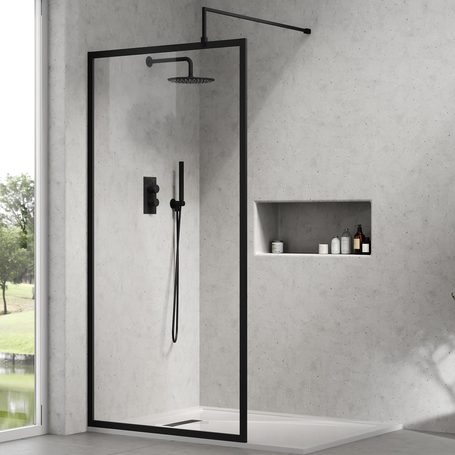 Harbour Frame Matt Black Walk in Glass Shower Screen with Support Bar ...