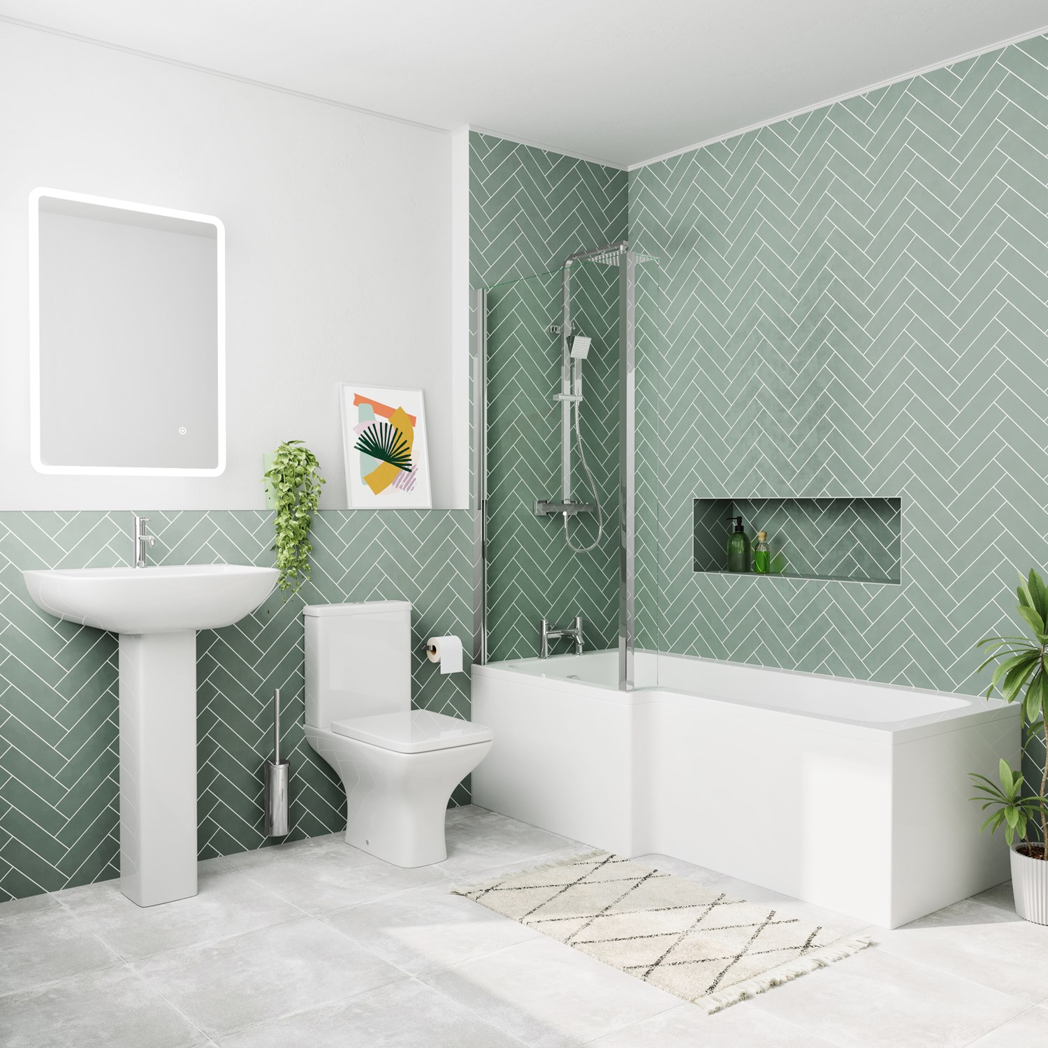 Emily Modern Shower Bath Suite with 1700mm L Shaped Bath & Rimless ...