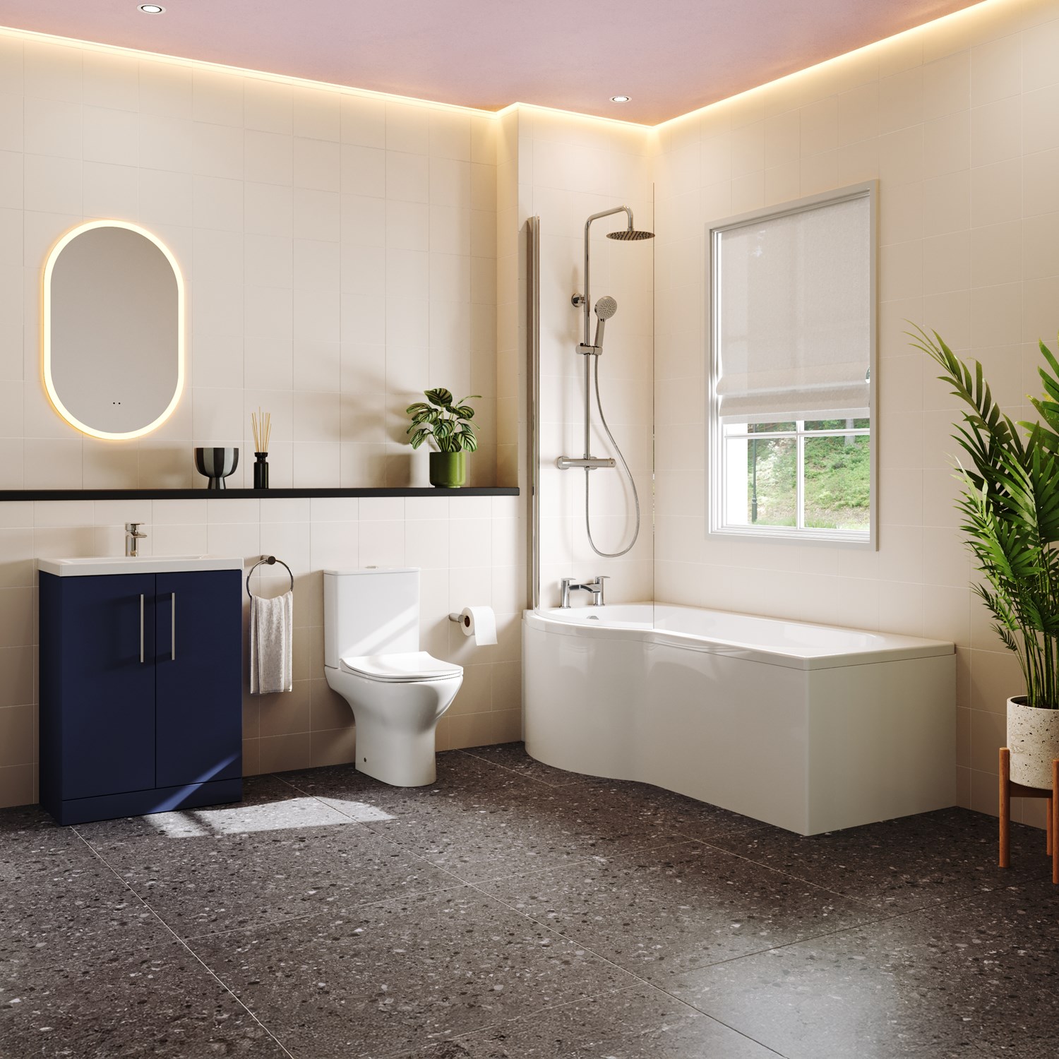 Erin Complete Bathroom Suite with 1700mm P Shaped Shower Bath & Rimless ...