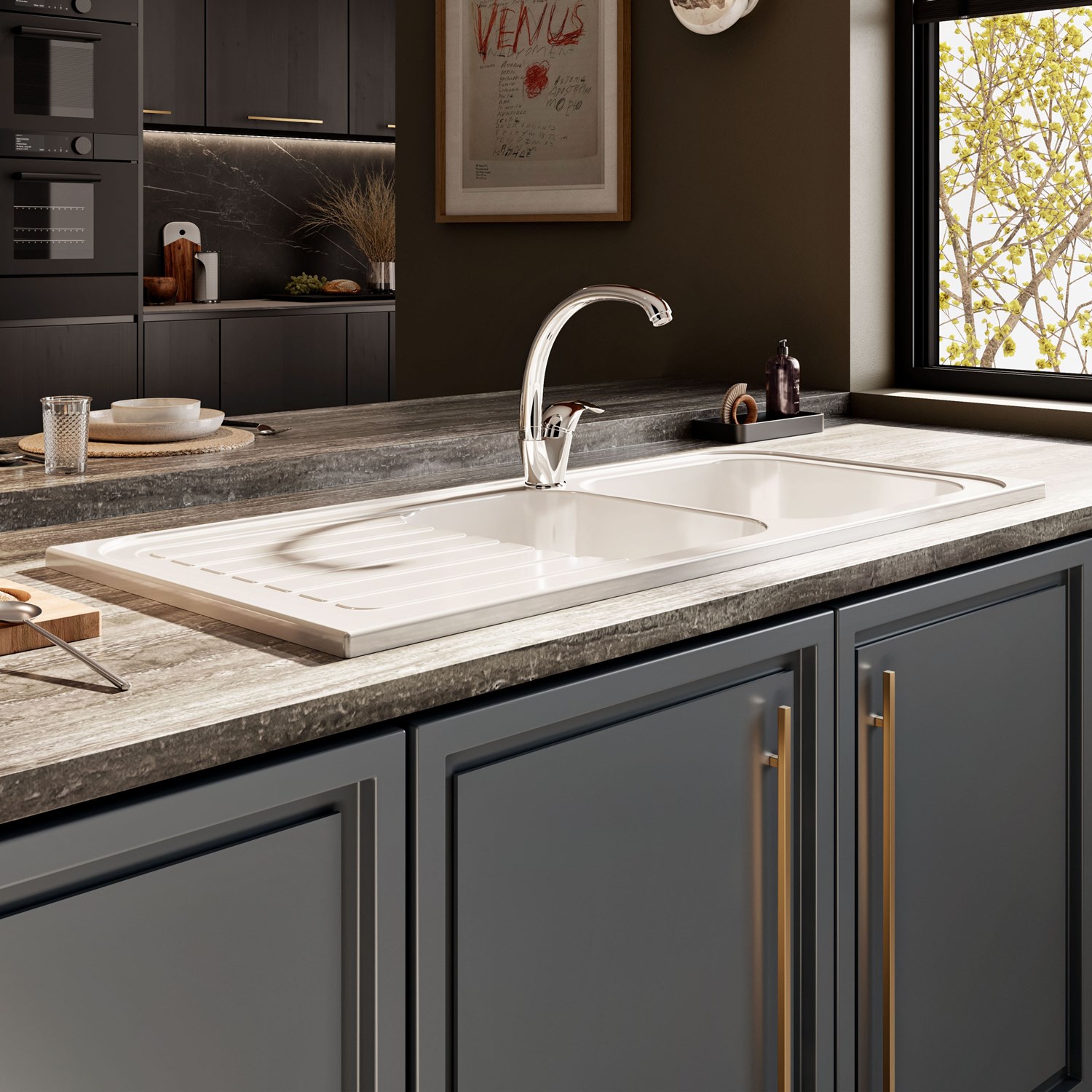 Thomas Denby Provence 2 Bowl Ceramic Inset Kitchen Sink with Reversible ...