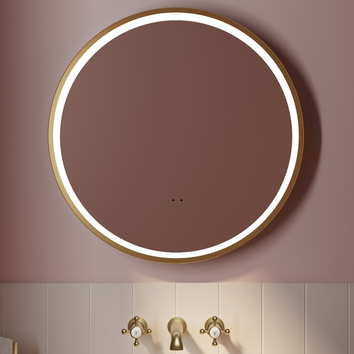 Isla LED Illuminated Round Brushed Brass Framed Mirror with Demister ...