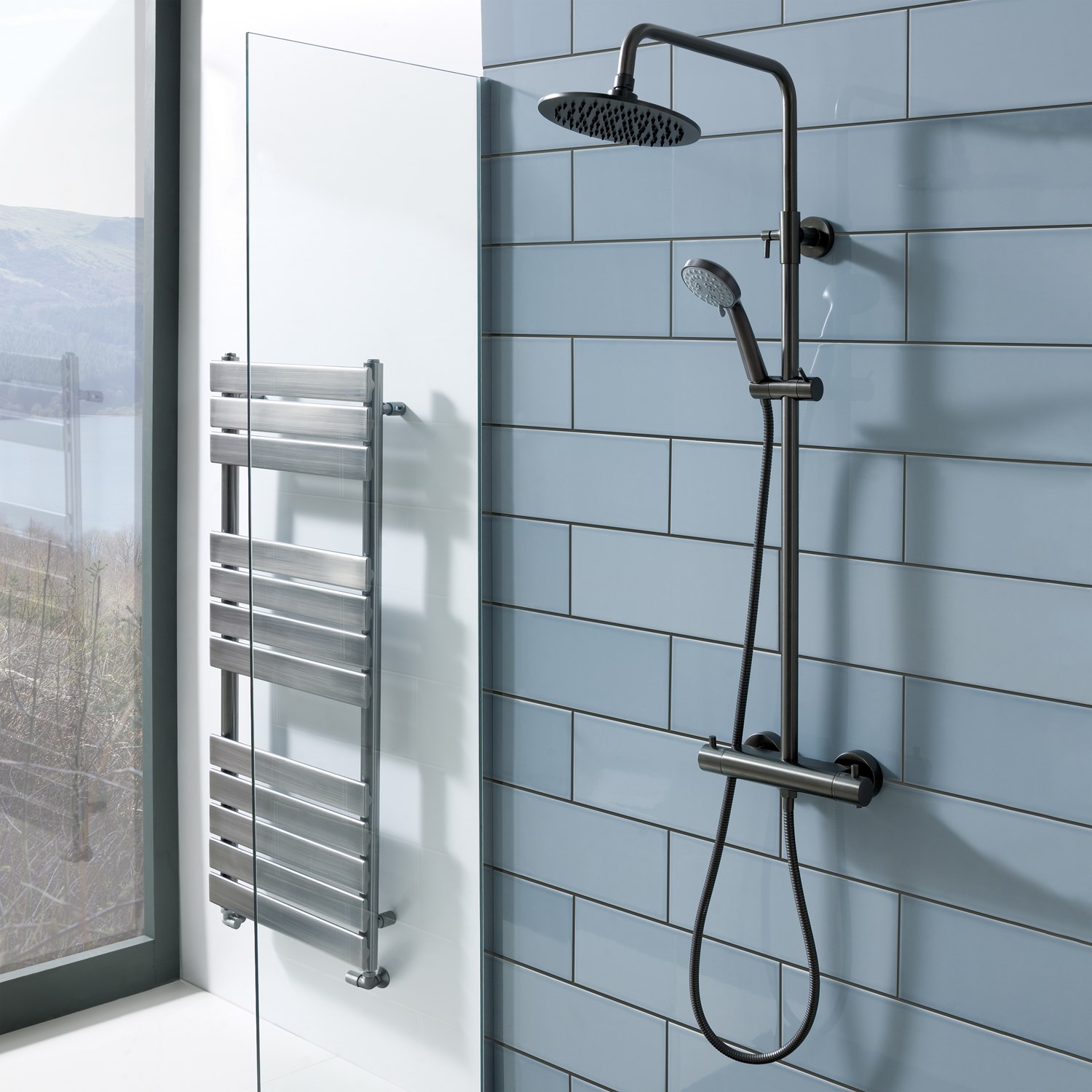 VOS Exposed Dual Outlet Rigid Riser Thermostatic Shower Set - Brushed ...